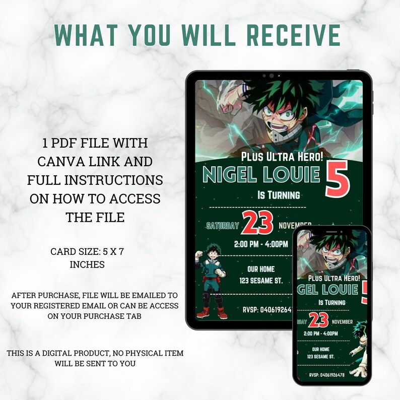 Manga Invitation Anime Invitation Hero Classa Deku Birthday Invitation ...