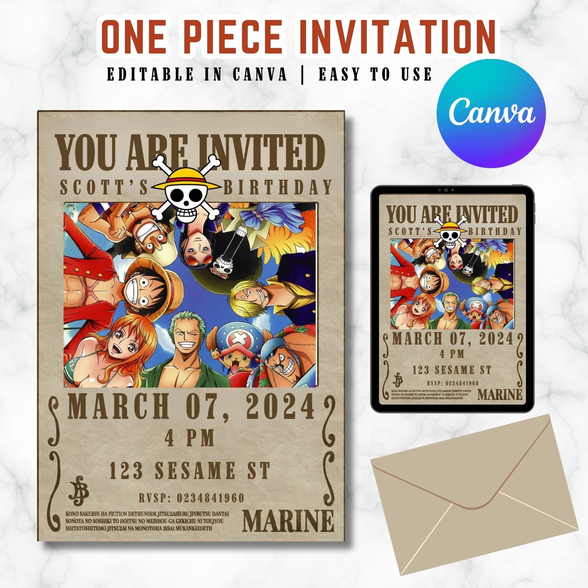 Anime Manga Invitation Anime Invitation 1piece Birthday Invitation ...