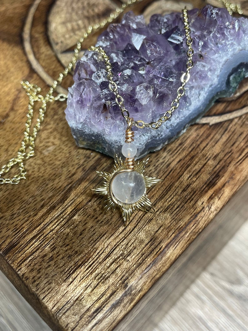 Wire Wrapped Gold Plated Moonstone Sunburst Pendant, Pretty Sun ...