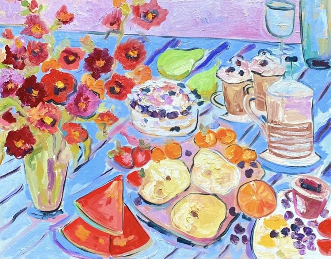 Original Oil Painting on Canvas, Summer Breakfast on a Blue Tablecloth ...
