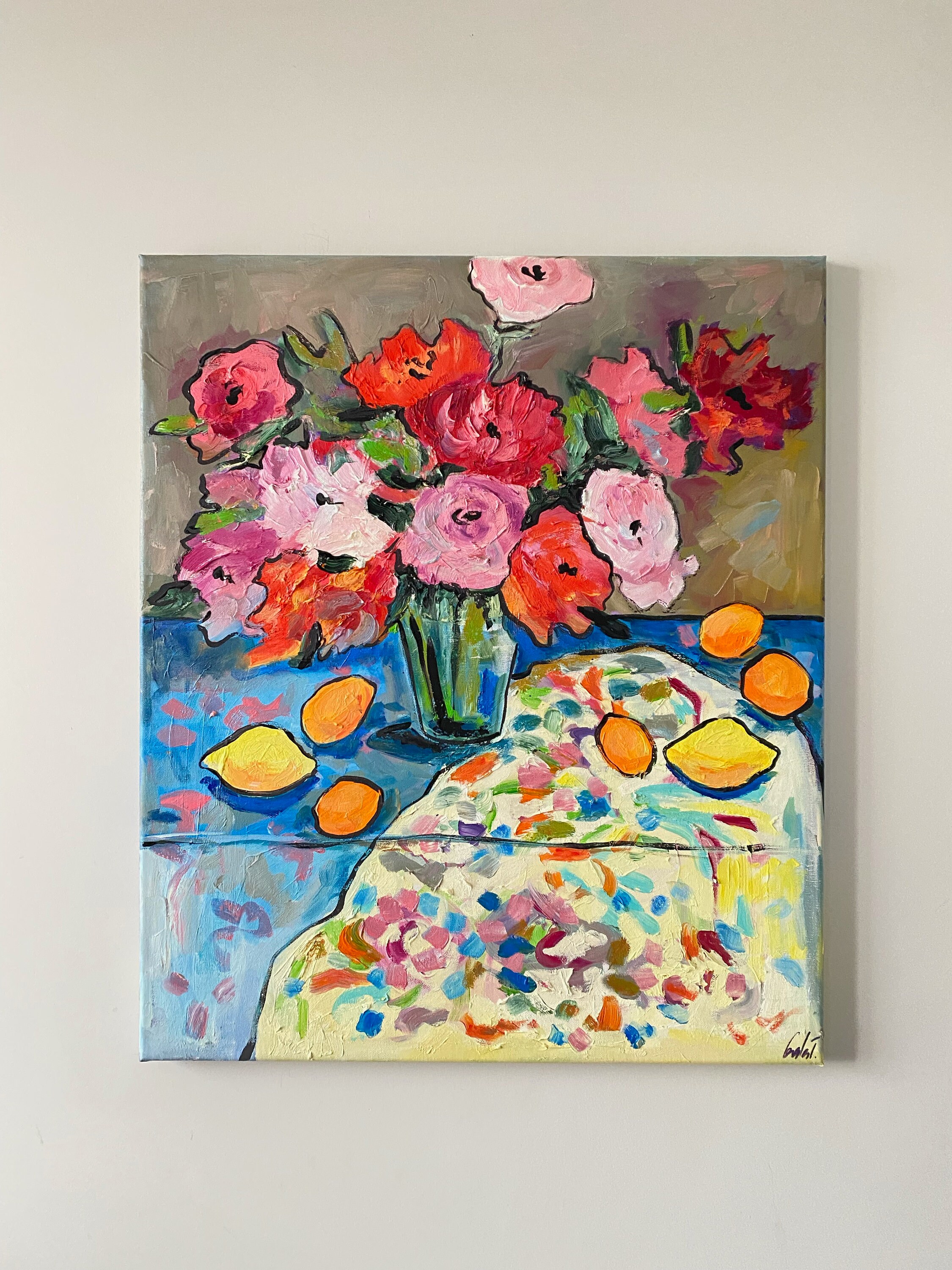 Still Life With Peony Roses, Lemons and Oranges, Original Oil Painting ...