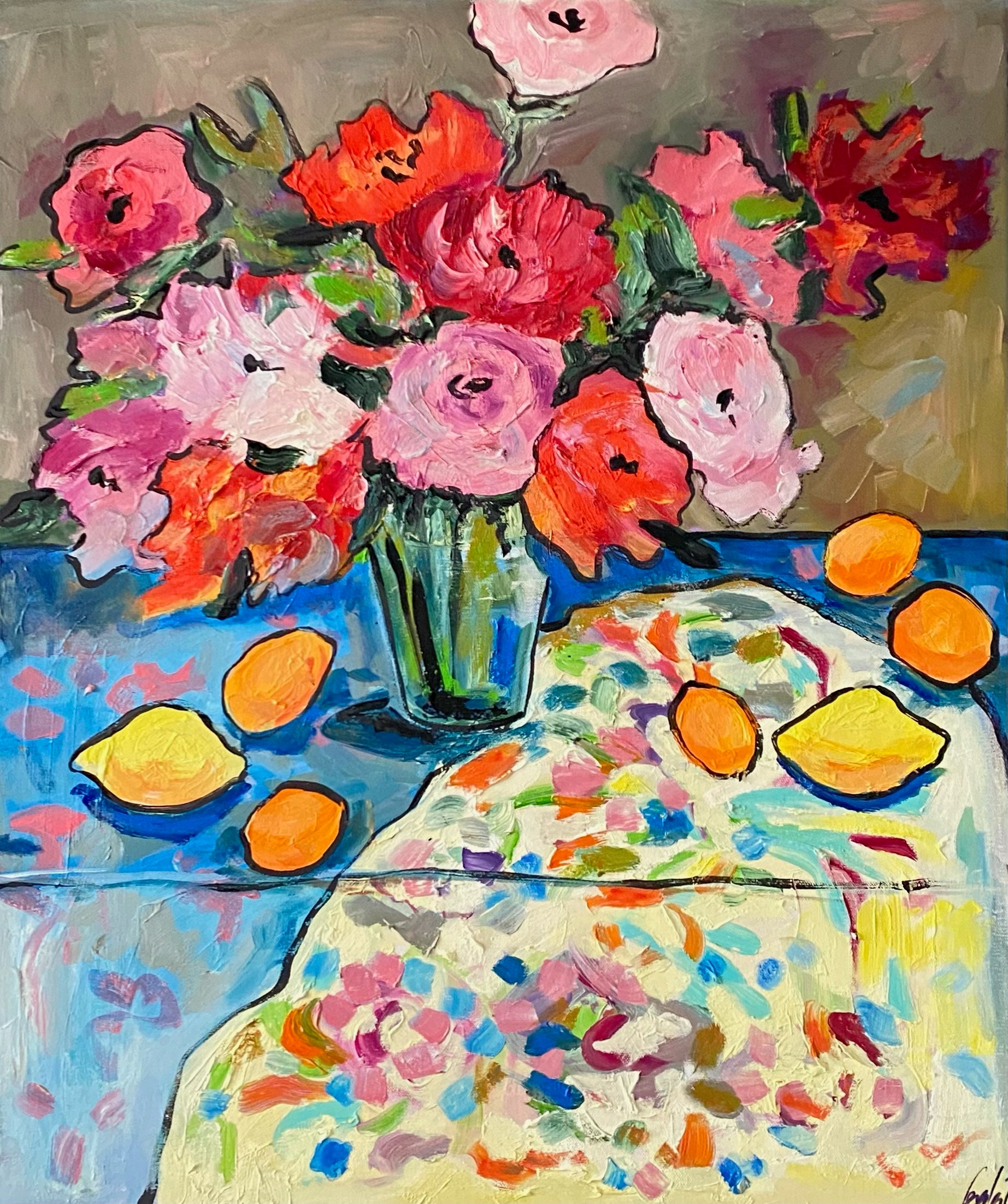 Still Life With Peony Roses, Lemons and Oranges, Original Oil Painting ...