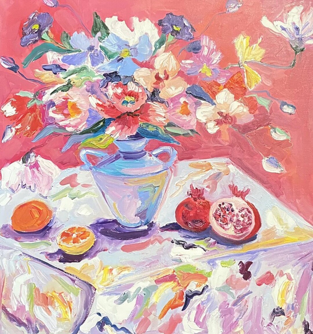 Magnolias and Fruits Still Life Painting, Original Oil Painting on ...