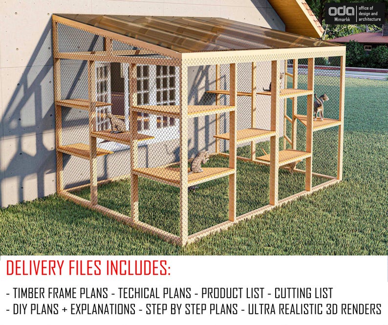 Catio Plans 9x12, Cat House, Outdoor Cat Playground, DIY Animal Shelter ...
