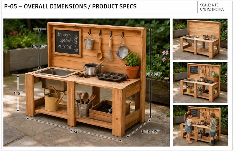 Kids Mud Kitchen Plans, DIY Outdoor Kids Play Station Blueprints (PDF ...