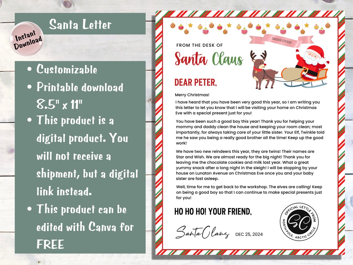 Digital Santa Letter, Christmas Letter, Santa Letter Template, Letter ...