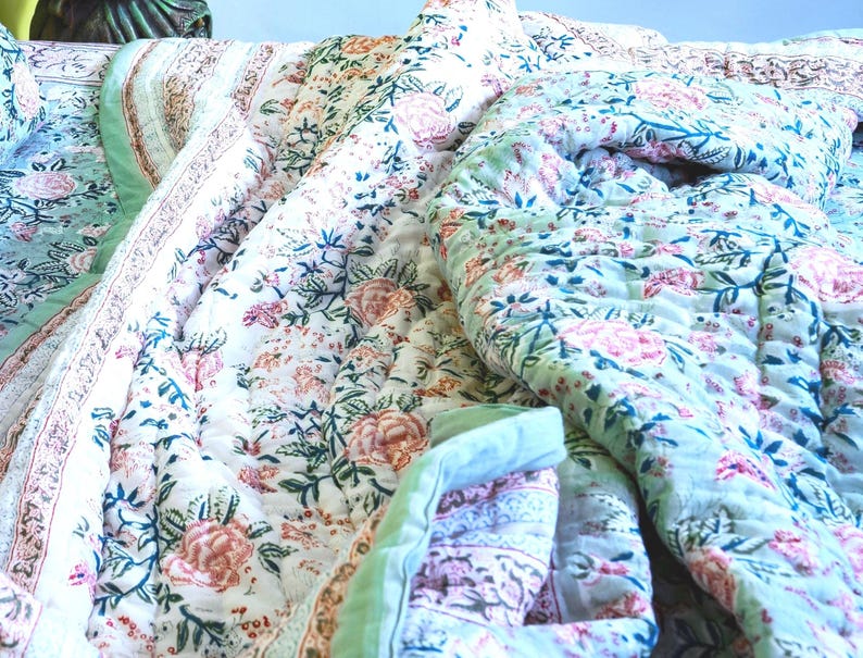 Sage Rose Floral Print Block Print Quilt Blanket White Indian Razai ...