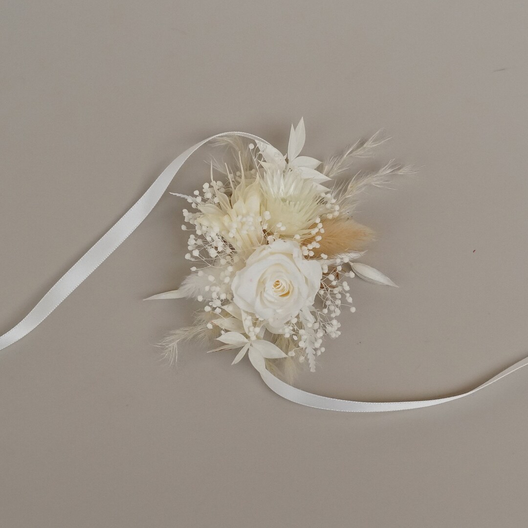 White+cream Wrist Flower.natural Rose Dried Flower Corsage. Bridal ...