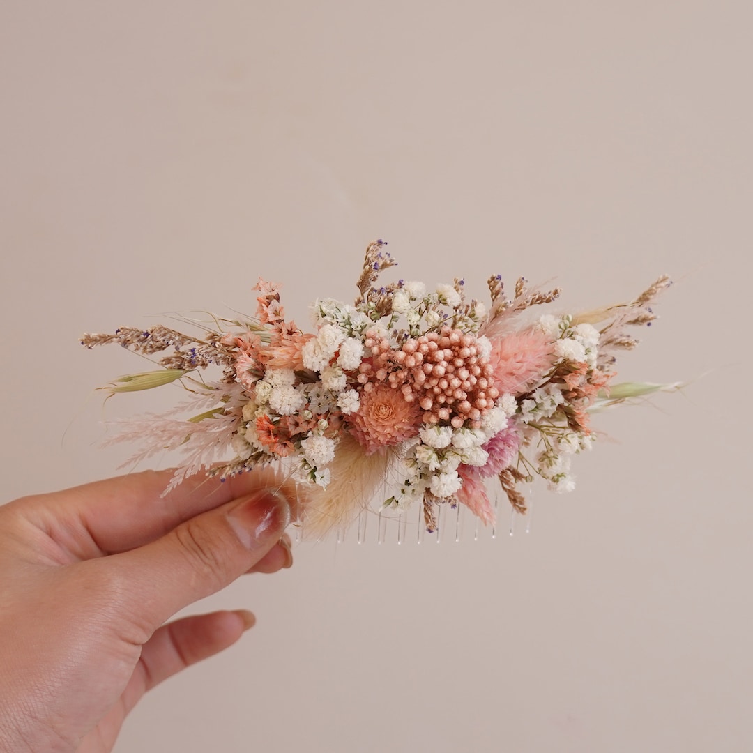 Boho Bride Dried Flower Comb, Wedding Comb,pink Dried Flower Comb ...