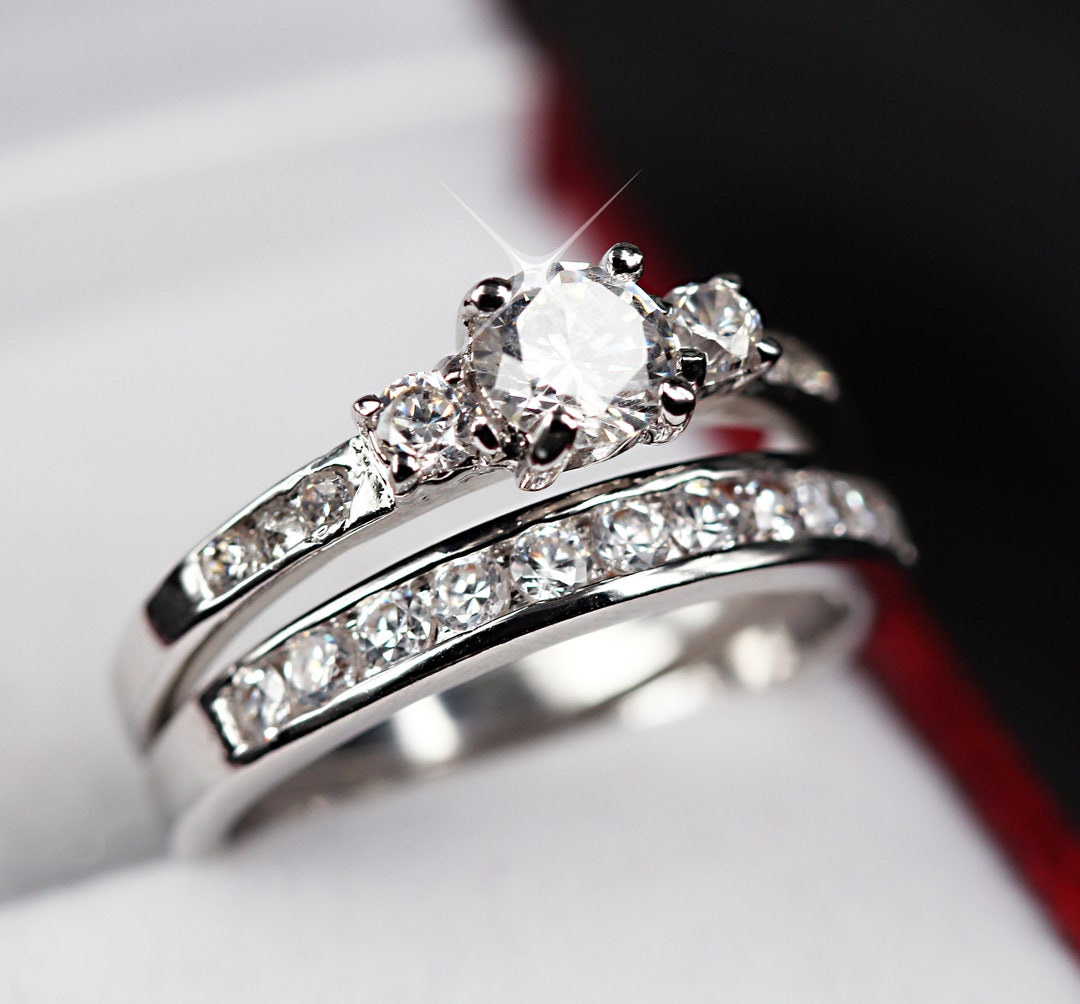 Trilogy 3-stone 9K White Gold Filled Engagement Wedding Ring Set, 1ct ...