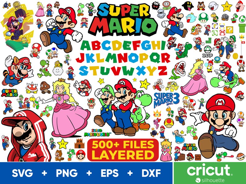 Super Mario SVG Bundle, Super Mario Font Svg, Luigi Svg Files for Cricut and Silhouette, Clipart ...