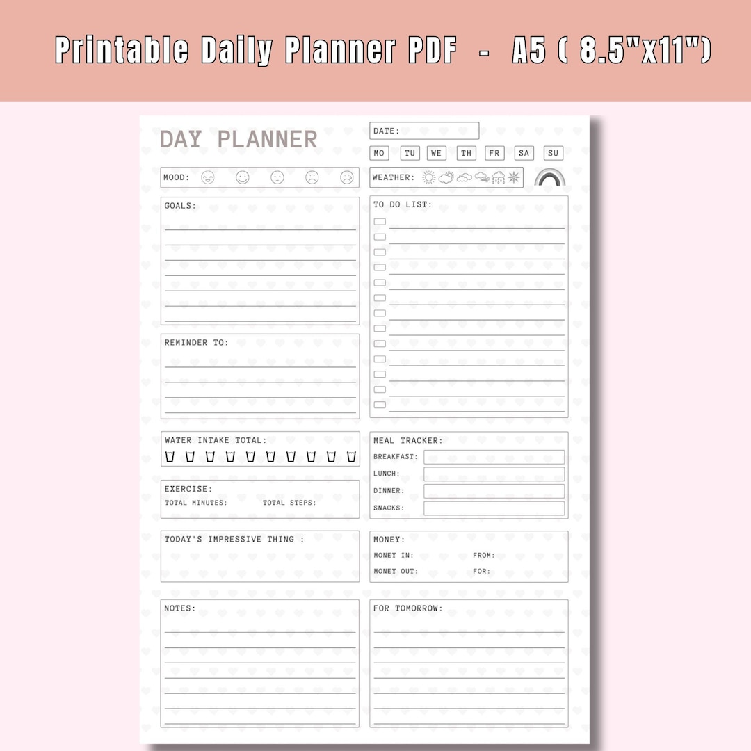 1 Day Planner A5 PDF Printable | Daily Organizer Digital Download ...