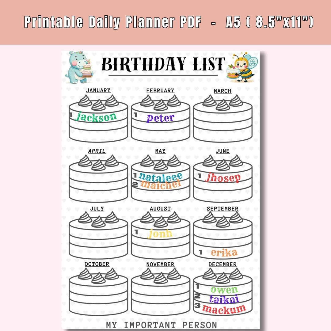 Birthday Tracker Printable Template | Annual Birthday Organizer ...