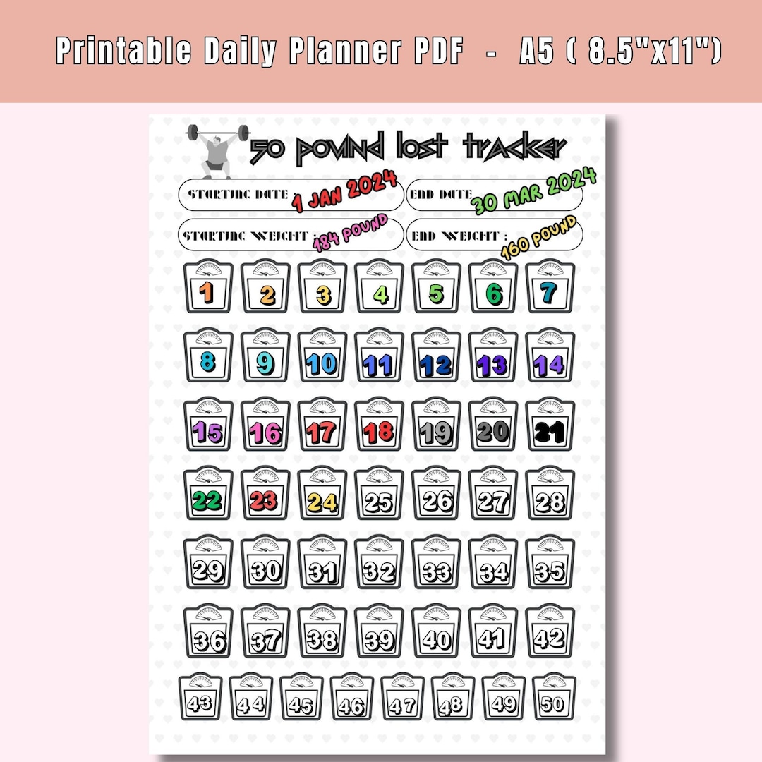 50 Pound Weight Loss Tracker: Printable Chart (A4 & A5 PDF) - Etsy