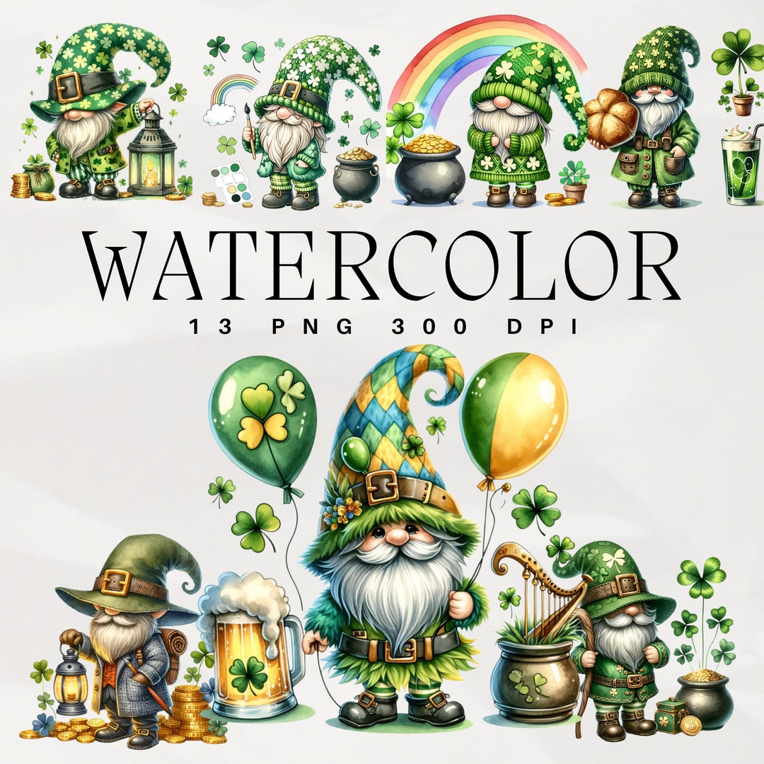 Watercolor St. Patrick's Gnomes Clipart Fantasy, 13 PNG Files, for ...