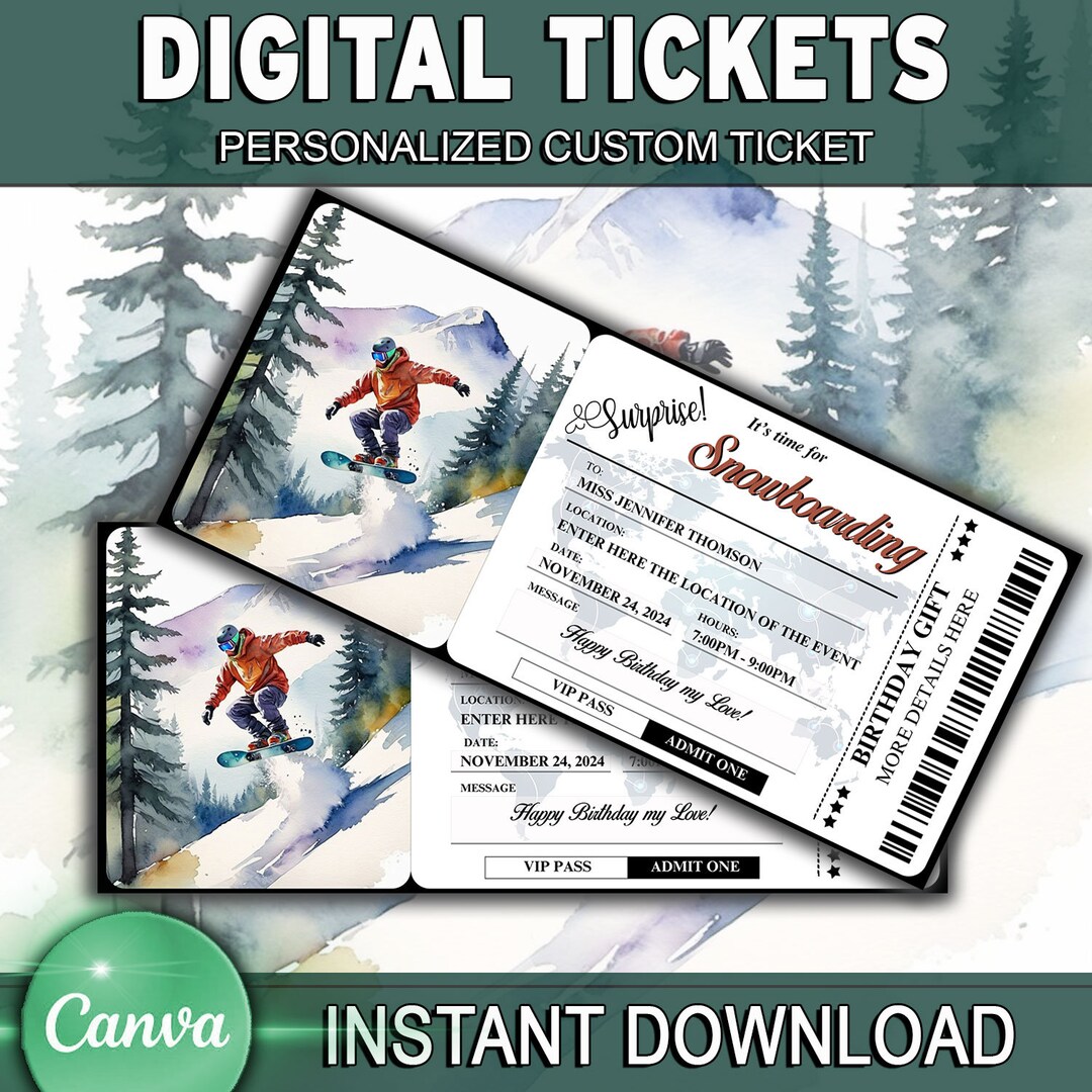 Printable Mountain Ski Snowboard Trip Ticket Editable Tickets Fake ...