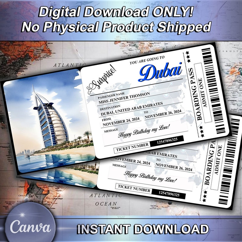 Editable Dubai Boarding Plane Ticket, Print Surprise Trip Voucher ...