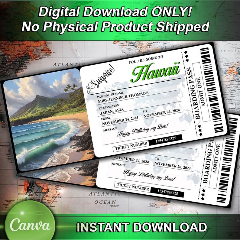 Printable Ticket to Hawaii Boarding Pass, Surprise Vacation Trip Ticket ...