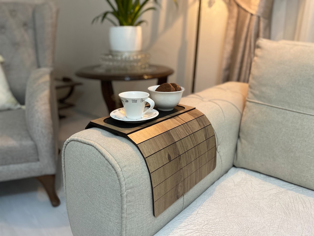 Wood Sofa Arm Table: Adjustable Couch Tray With Coaster - Etsy