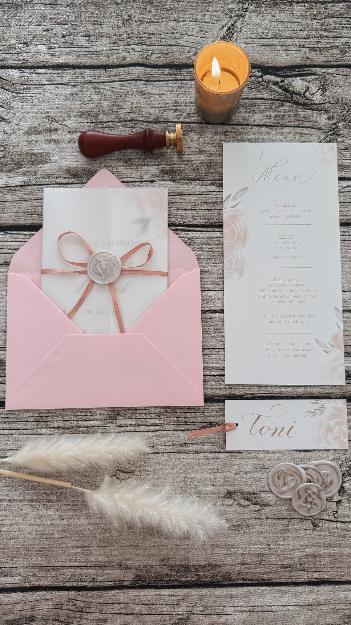 Wedding Name Card 'rosie' With Calligraphy, Watercolor Flowers and Silk ...