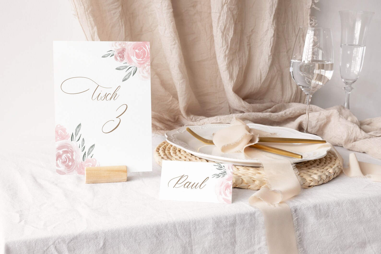 Wedding Name Card 'rosie' With Calligraphy, Watercolor Flowers and Silk ...