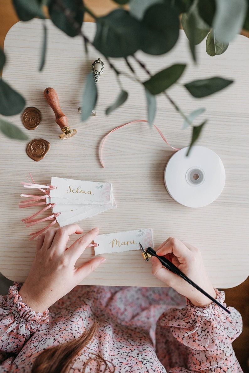 Wedding Name Card 'rosie' With Calligraphy, Watercolor Flowers and Silk ...