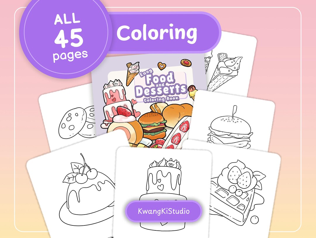Food and Desserts Coloring Book: 45 Easy Coloring Pages (PDF Pattern ...