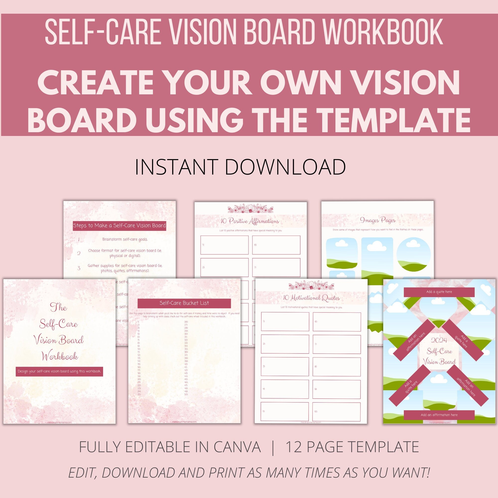 2024 Self-care Vision Board Workbook Template, Vision Board Kit, Canva ...