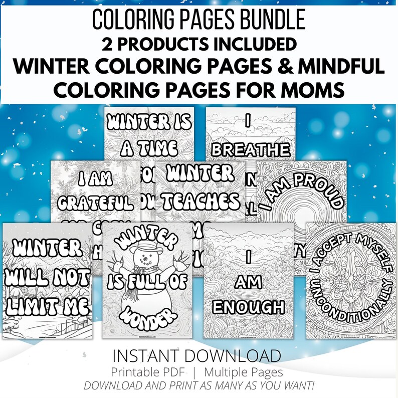 Motivational Coloring Pages Bundle, Mindful Coloring Printable, Winter ...