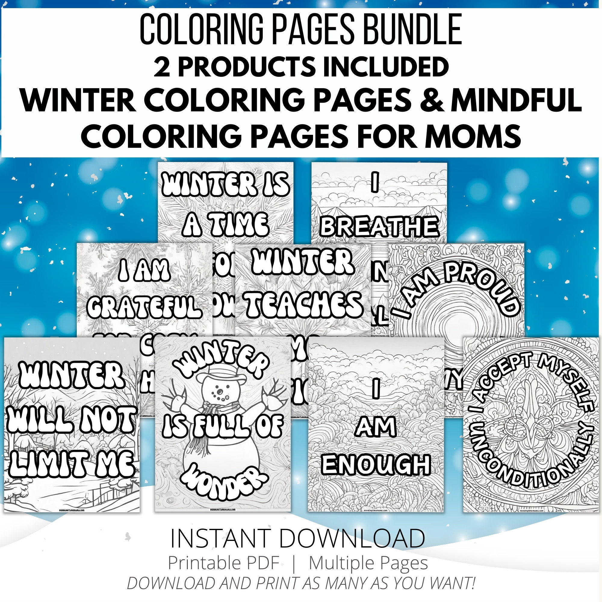 Motivational Coloring Pages Bundle, Mindful Coloring Printable, Winter ...
