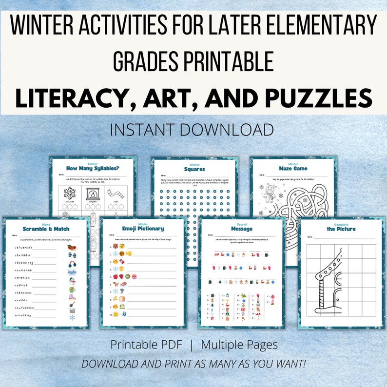 Winter Activities for Later Elementary Grades Printable, Literacy ...