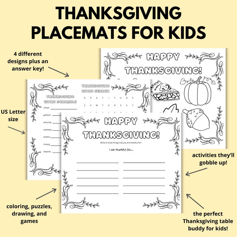 Thanksgiving Placemats for Kids, Thanksgiving Activity Placemats ...
