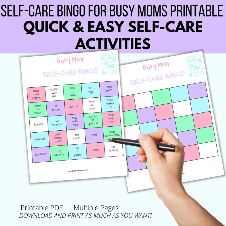 Busy Mom Self-care Bingo Printable, Self-care Ideas, Mental Wellness ...