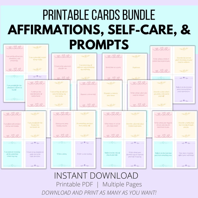 Printable Cards Bundle, Affirmation Cards, Self-care Cards, Journal ...