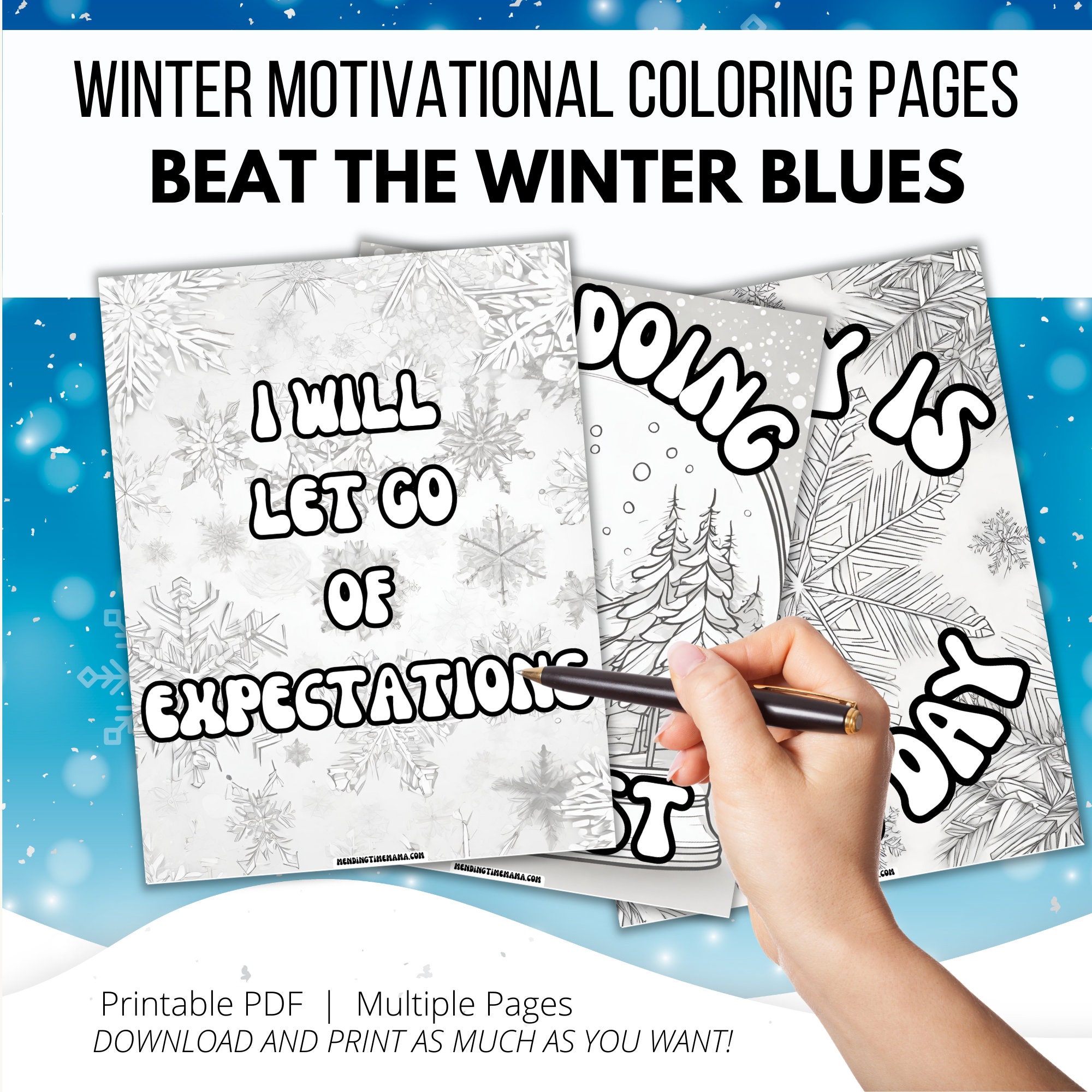 Motivational Coloring Pages Bundle, Mindful Coloring Printable, Winter ...