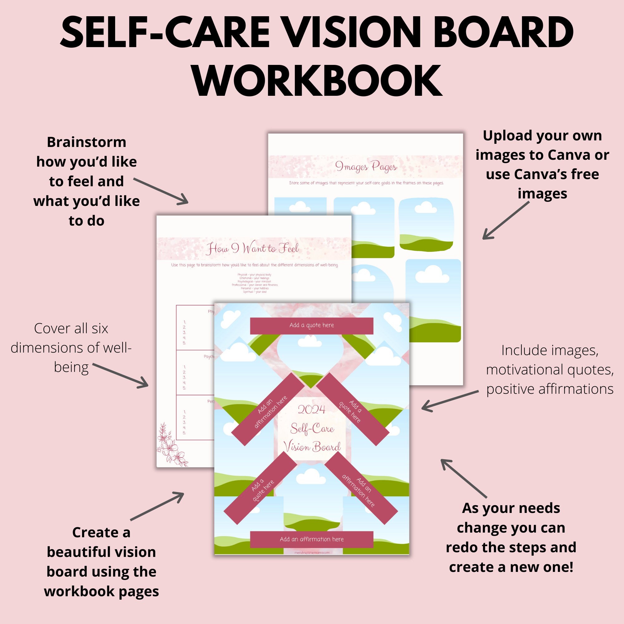 2024 Self-care Vision Board Workbook Template, Vision Board Kit, Canva ...