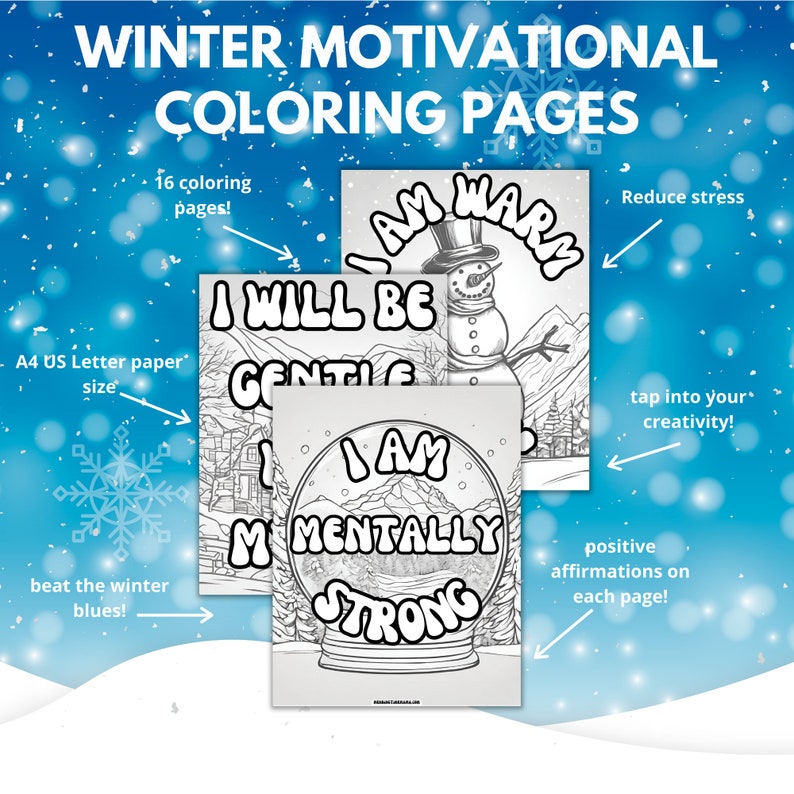 Motivational Coloring Pages Bundle, Mindful Coloring Printable, Winter ...