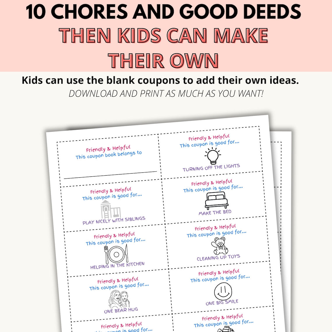Friendly and Helpful Coupon Book for Kids Printable, Chores for ...