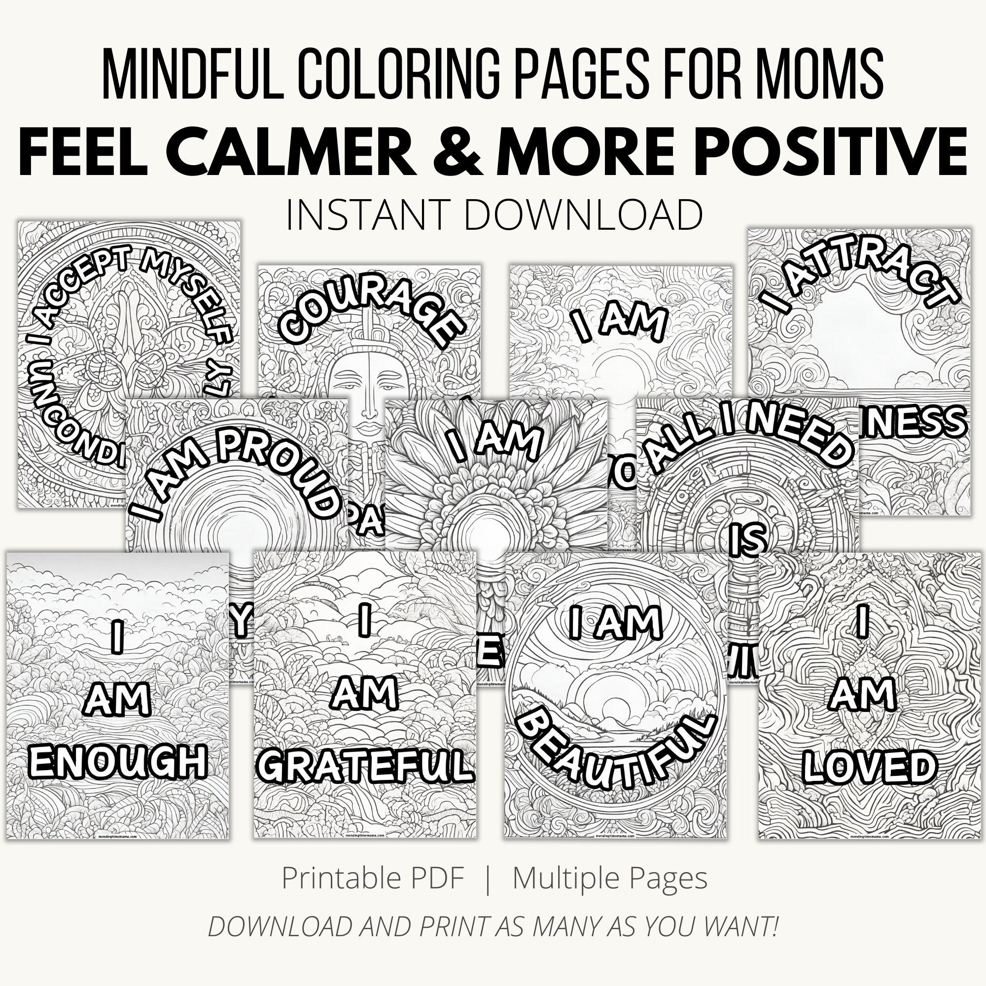 Mindful Coloring Pages for Moms, Positive Affirmations Printable, Color ...