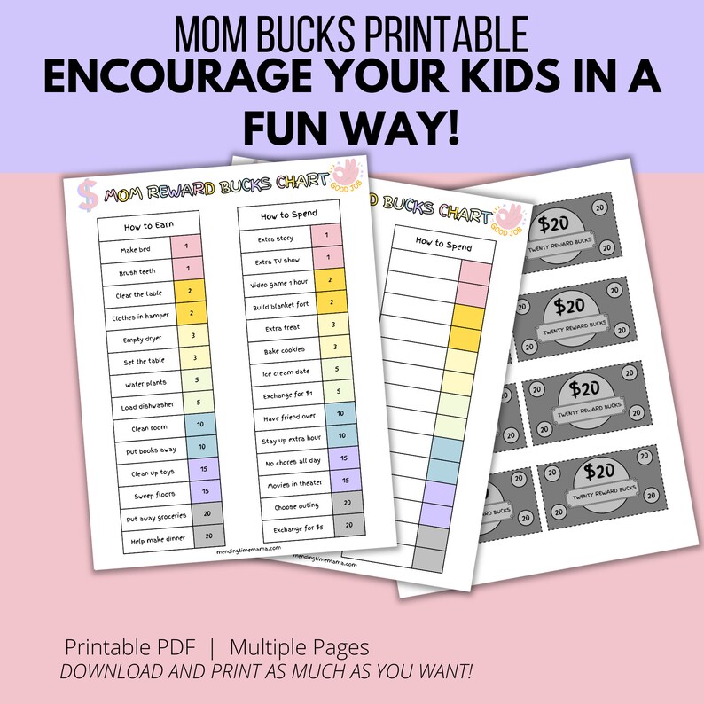 Mom Bucks Printable, Kids Reward Bucks, Editable Chore Chart, Kids ...