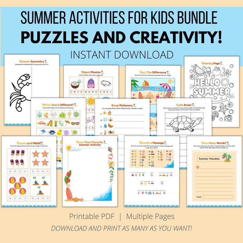 Summer Activities for Kids Printable Bundle, Summer Puzzle Activities ...