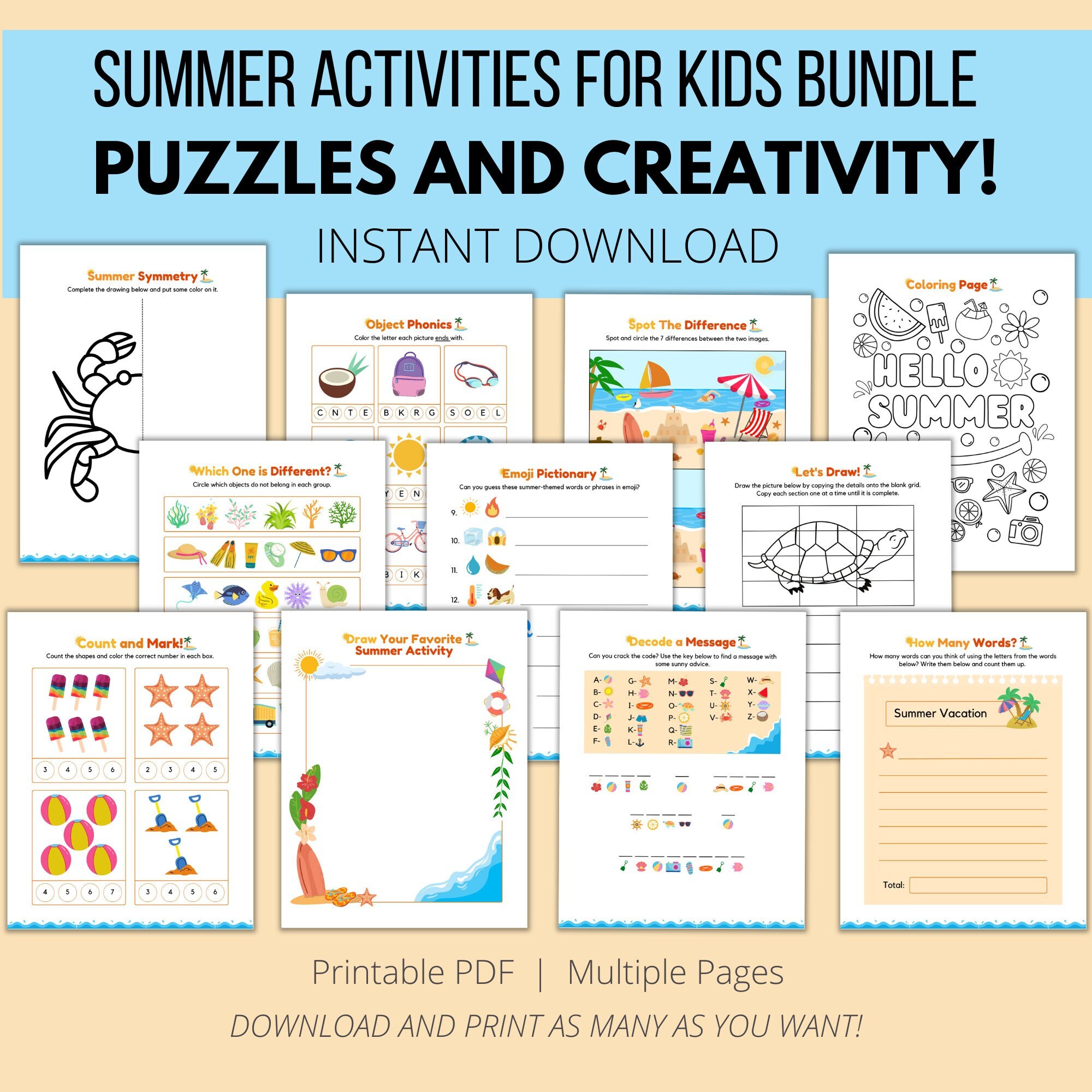 Summer Activities for Kids Printable Bundle, Summer Puzzle Activities ...
