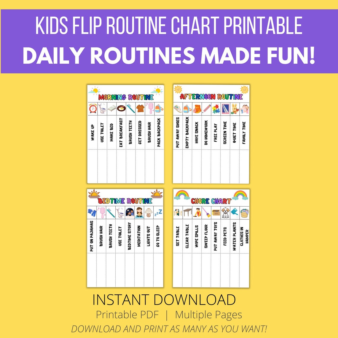 Kids Flip Routine Chart Printable, Morning Routine, Afternoon Routine ...