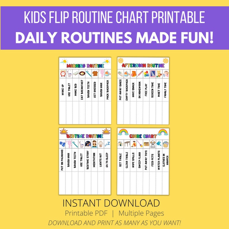 Kids Flip Routine Chart Printable, Morning Routine, Afternoon Routine ...