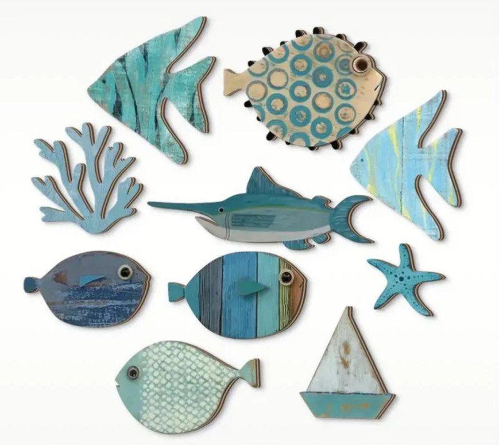 Beach House Wall Decor Set • Coastal Fish Ornaments • Wooden Ocean Wall ...