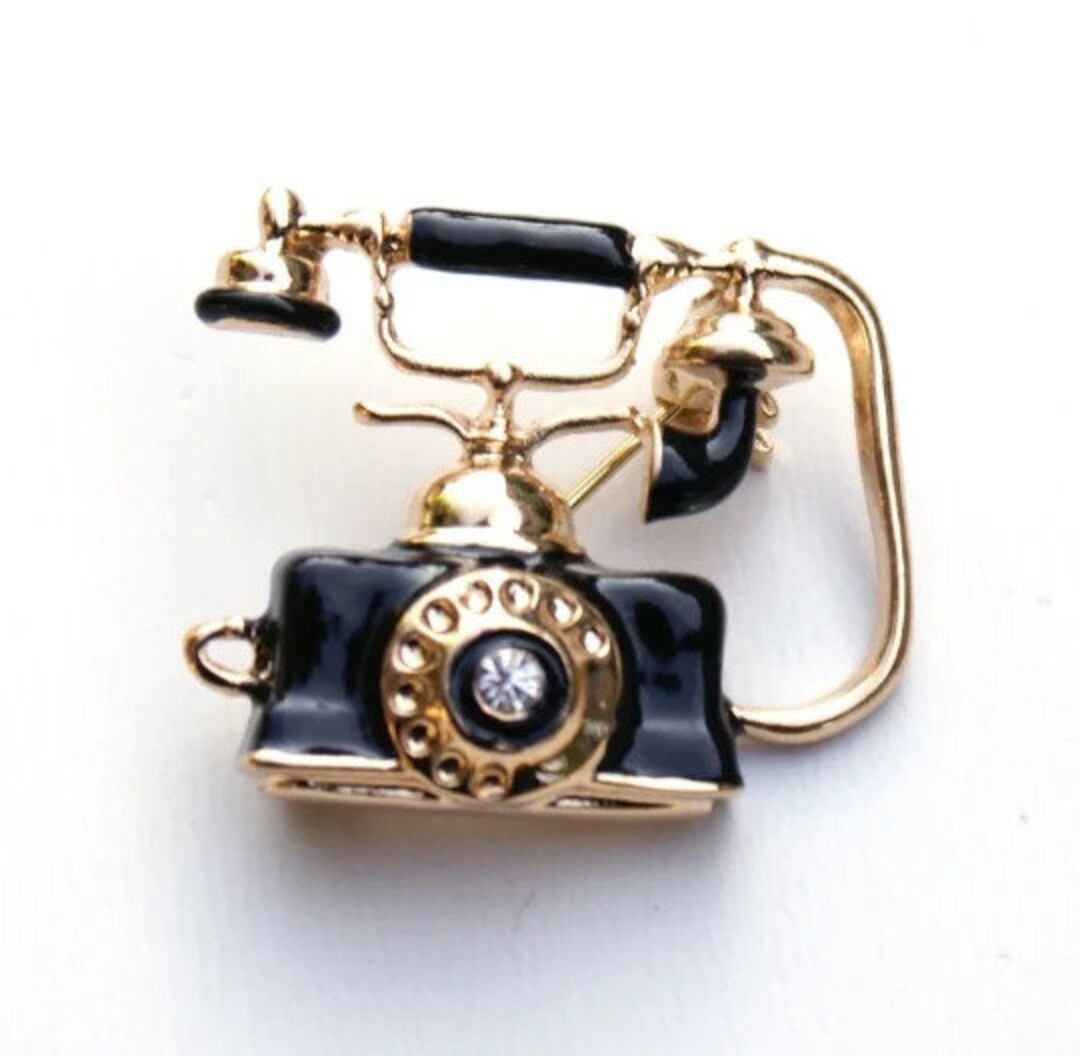 Wonderful Retro Telephone Brooch Vintage Black Telephine Brooch Enamel ...