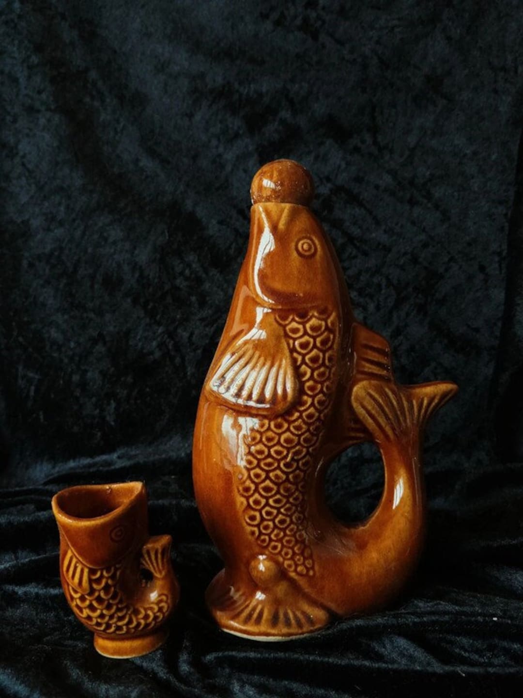 Vintage Ceramic Fish Vase and Cup | Fish With Open Mouth Vase | Brown ...