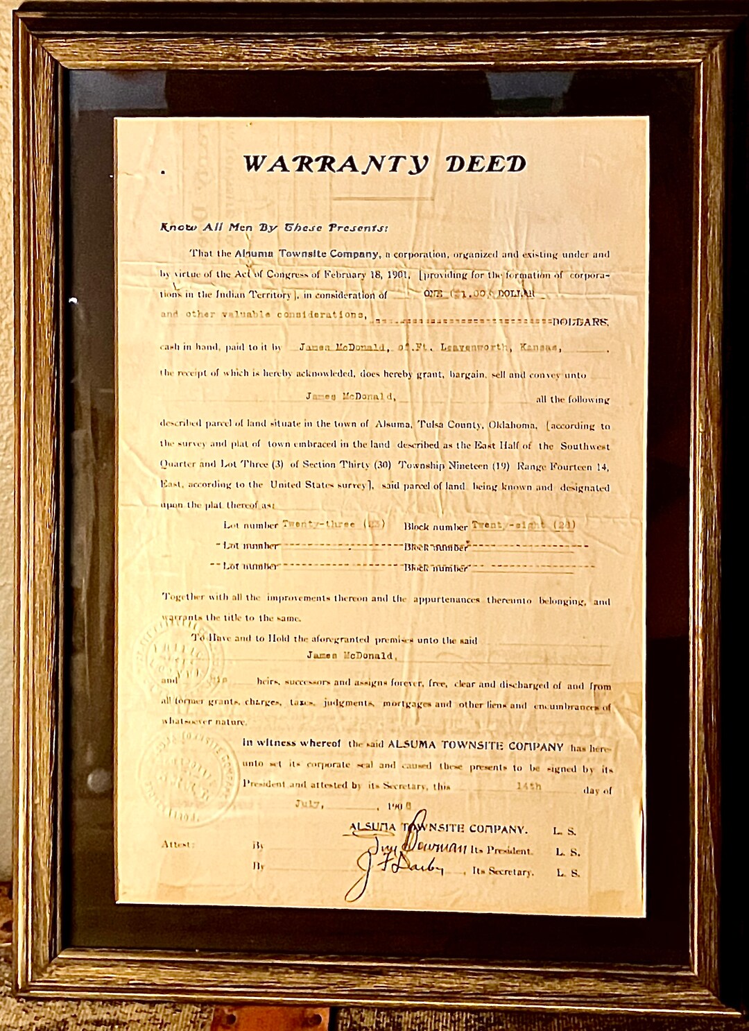 Vintage Warranty Deed Alsuma Oklahoma 1906 - Etsy