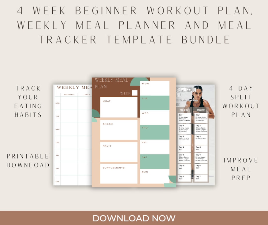 Beginners 4 Week Workout Plan, Weekly Meal Planner and Meal Tracker ...