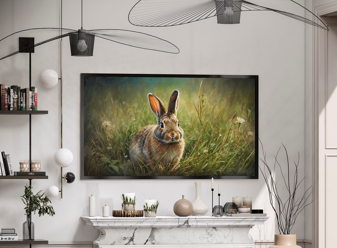 Vintage Easter Bunny Frame TV Art, Neutral Spring Rabbit Painting TV ...